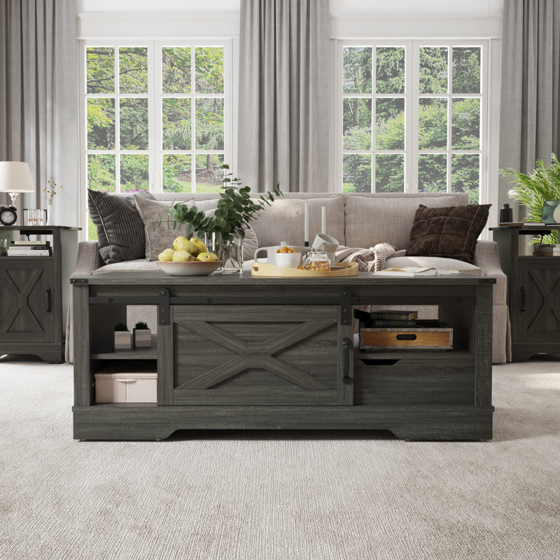 Laurel Foundry Modern Farmhouse® Brady 47" Farmhouse Coffee Table with Drawer and Barn Door ...